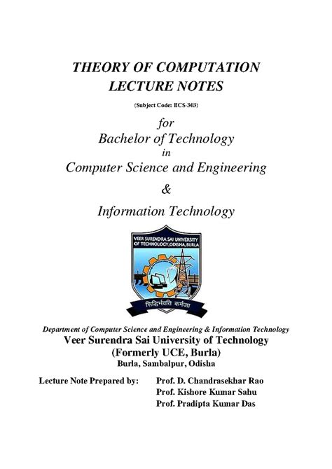 Theory Of Computation Notes Theory Of Computation Lecture Notes