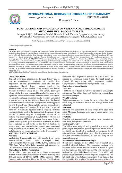 Pdf Formulation And Evaluation Of Venlafaxine Hydrochloride
