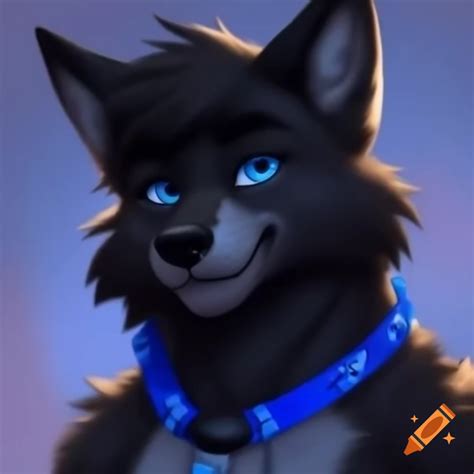 Anthro Black Wolf With Blue Eyes And Harness Cartoon Style On Craiyon