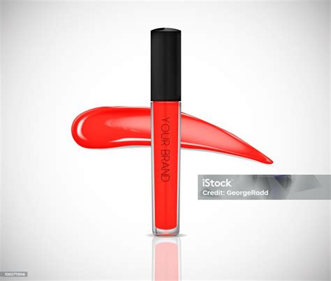 액체 레드 립스틱 입술 광택 검정 뚜껑 폐쇄와 우아한 유리 병에 고 브러쉬 고립 된 컨테이너를 엽니다 얼룩을 확인 합니다 0명에 대한 스톡 벡터 아트 및 기타 이미지