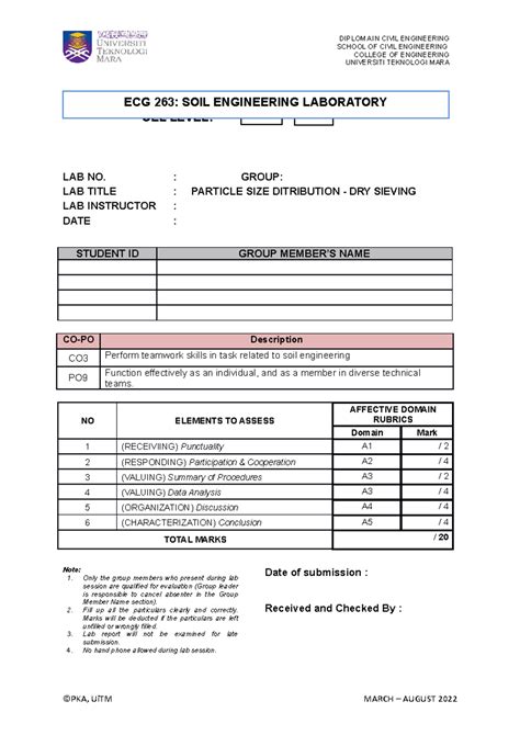 Lab 3 Dry Sieving Permeability Lab No Group Lab Title Particle Size Ditribution Dry