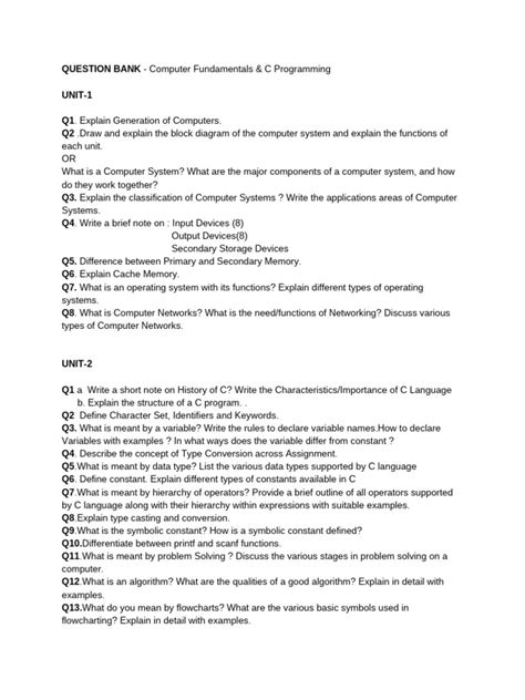 Question Bank Computer Fundamentals And C Programming Pdf C