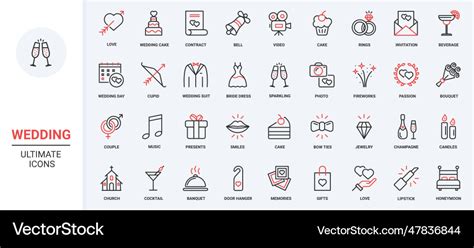 Wedding Trendy Red Black Thin Line Icons Set Vector Image