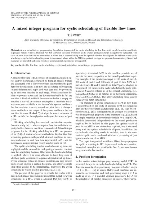 Pdf A Mixed Integer Program For Cyclic Scheduling Of Flexible Flow Lines