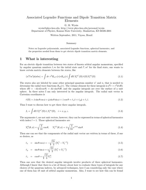 associated legendre functions and dipole transition matrix elements