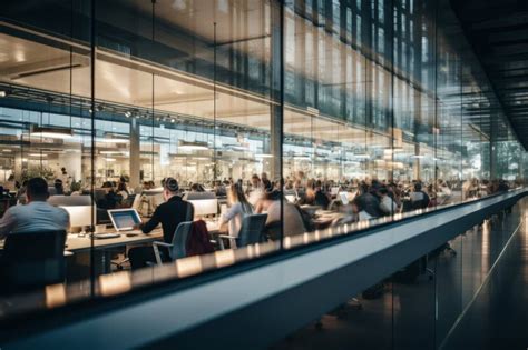 Blurred Modern Office Interior With People Working Silhouettes Behind Glass Partition Wall Stock