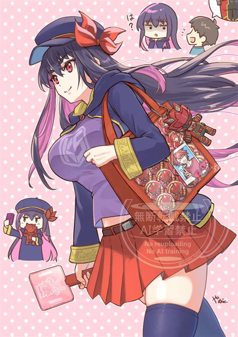 Safebooru 1girl Bag Black Hair Breasts Colored Inner Hair Hand Fan
