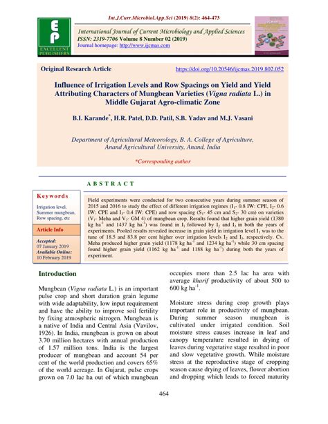 Pdf Influence Of Irrigation Levels And Row Spacings On Yield And Yield Attributing Characters