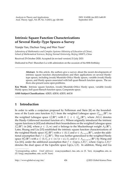 Global Science Press Intrinsic Square Function Characterizations Of Several Hardy Type Spaces
