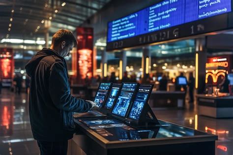 premium photo man using information computer on airport