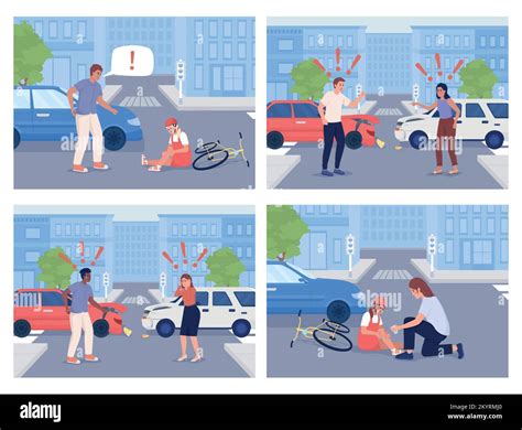 Vehicle Collision Flat Color Vector Illustration Set Stock Vector Image