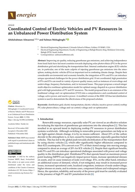 Pdf Coordinated Control Of Electric Vehicles And Pv Resources In An Unbalanced Power
