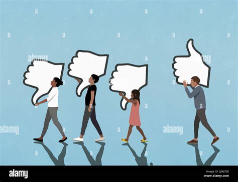 Like And Dislike Buttons Over People Walking On Blue Background Stock