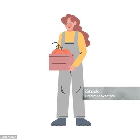 여자 특성 에 온실 서 있는 와 크레이트 와 호박 수확 벡터 일러스트 개념에 대한 스톡 벡터 아트 및 기타 이미지 개념 계절 꽃집 주인 Istock