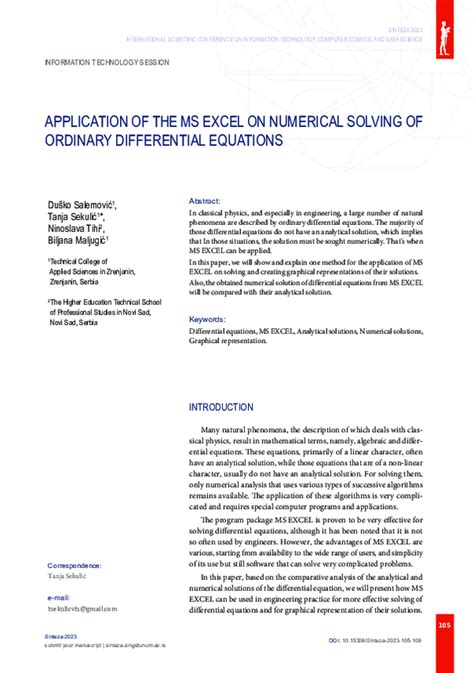 pdf application of the ms excel on numerical solving of ordinary