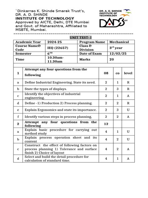 Ieq With Co Class Test Question Paper I Pdf