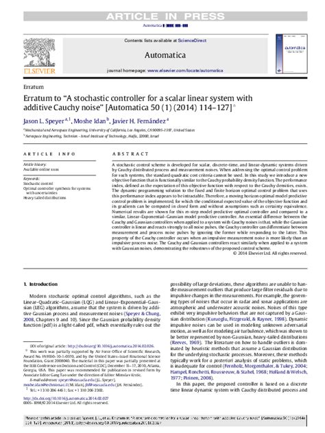 Pdf Erratum To A Stochastic Controller For A Scalar Linear System
