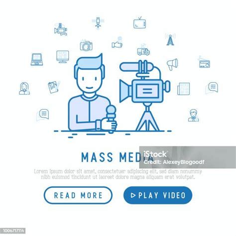 매스 미디어 개념 마이크와 기자 게 보도해 얇은 선 아이콘 신문 기사 블로그 보고서 라디오 인터넷 인터뷰 비디오 현대 벡터