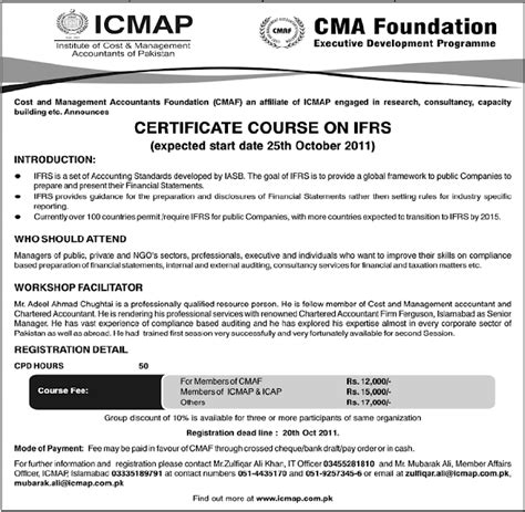 Admission In Pakistan Icmap Certificate Course On Ifrs Start Date 25