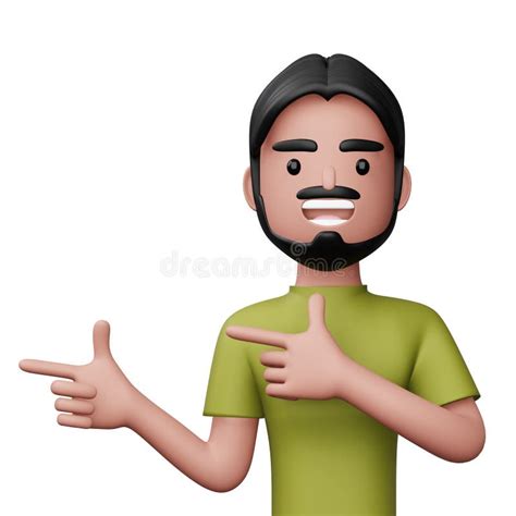 Happy Excited Man Pointing To The Side Cute Cartoon Character 3d Rendering Stock Illustration