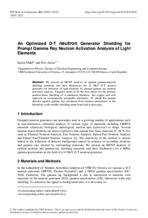 Pdf An Optimized D T Neutron Generator Shielding For Prompt Gamma Ray Neutron Activation