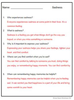 Sel Sadness Reading Passage With Comprehension Questions Tpt