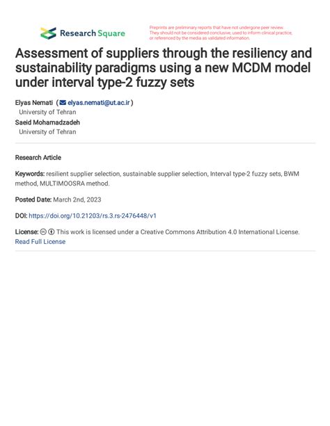 Pdf Assessment Of Suppliers Through The Resiliency And Sustainability Paradigms Using A New