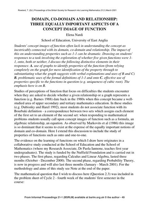 Pdf Domain Co Domain And Relationship Three Equally Important Aspects Of A Concept Image Of