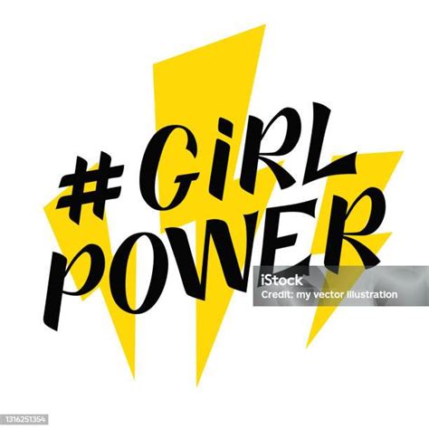 번개와 배경에 소녀 전원 검은 손으로 쓴 비문 Grl Pwr 손 글자 페미니스트 슬로건 관용구 티셔츠 스웨트셔츠 또는 기타 의류 프린트를 위한 현대적인 일러스트레이션 그래픽