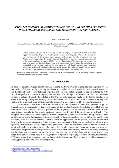 Pdf Parallel Corpora Alignment Technologies And Further Prospects In Multilingual Resources
