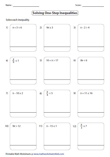 Solving 1 Step Inequalities Worksheets