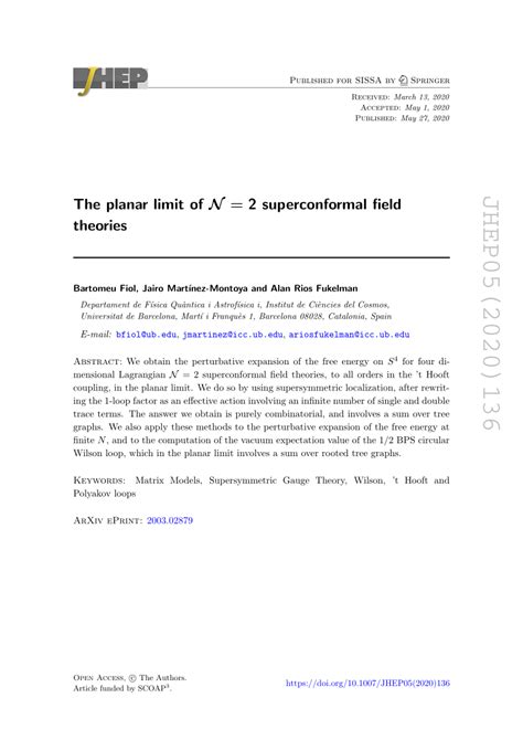 Pdf The Planar Limit Of Mathcal N 2 Superconformal Field Theories