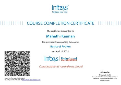 Completed The Basics Of Python On Infosys Springboard 🚀💻 Mahathi K