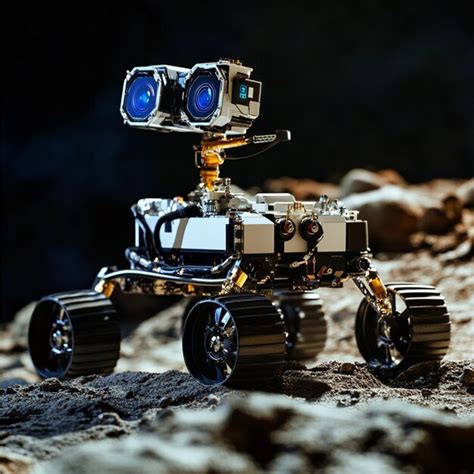 a robot equipped with a camera and sensors surveying a planetary