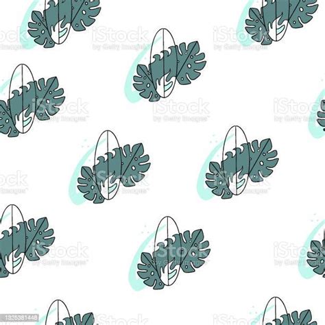 패턴 끝없는 그림 라인 추상 드로잉 여름 손 그림 서핑 보드 몬스터 열대 잎 바다 바다 휴가 여름 팔레트 그리기에 대한 스톡