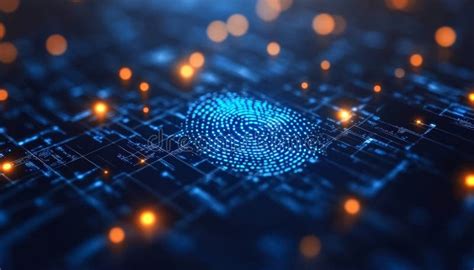 Blue Glowing Fingerprint On Circuit Board Data Security Biometrics Technology Concept Stock