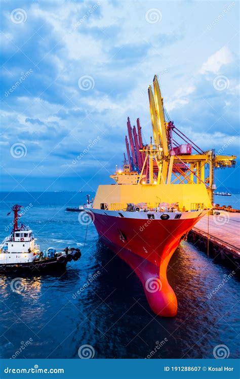 Tugboat Push Large Cargo Vessel To Berth At Port Terminal Port Terminal Operations And Handling