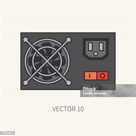 라인 플랫 컬러 벡터 컴퓨터 부품 아이콘 전원 장치 만화입니다 디지털 게임 및 비즈니스 사무실 Pc 데스크톱 장치입니다 혁신 가제트입니다 하드웨어입니다 일러스트 레이 션 및