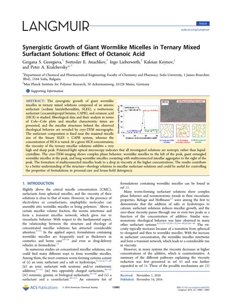 Pdf Synergistic Growth Of Giant Wormlike Micelles In Ternary Mixed Surfactant Solutions