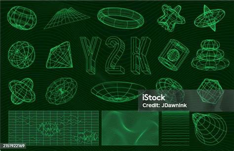 레트로 2000 년대 스타일 Y2k 스타일 3d 와이어 프레임 기하학적 추상 텍스트 모양 및 녹색 메쉬 패턴 세트 0명에 대한 스톡 벡터 아트 및 기타 이미지 Istock