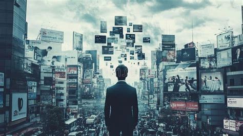 Man Amidst Digital Media Overload In City Concept Of Information