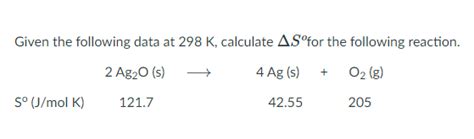 solved given the following data at 298 k calculate as for