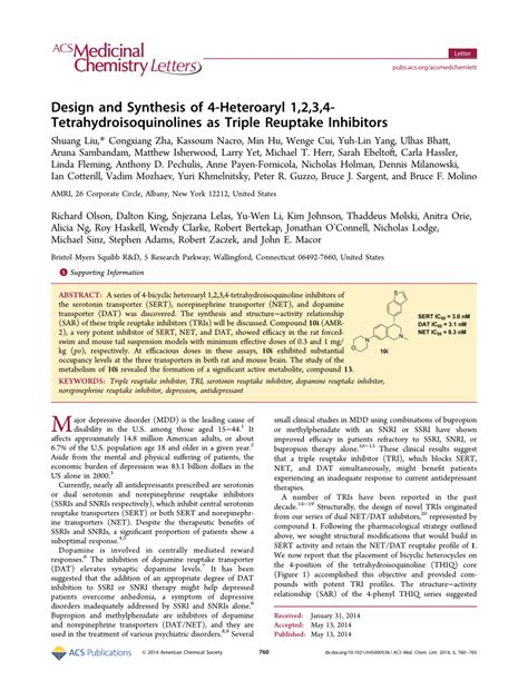 Pdf Design And Synthesis Of 4‑heteroaryl 1 2 3 4 Tetrahydroisoquinolines As Triple Reuptake