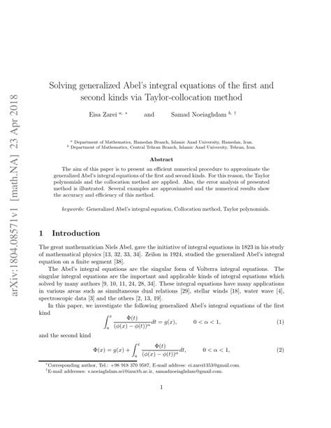 Pdf Solving Generalized Abels Integral Equations Of The First And Second Kinds Via Taylor