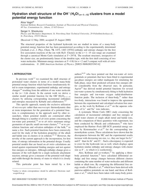 Pdf Hydration Shell Structure Of The Oh− H2o N 1 15 Clusters From A Model Potential Energy