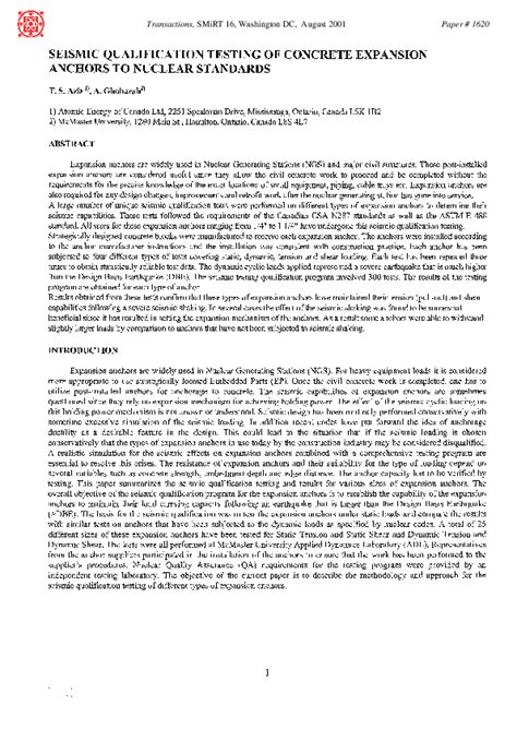 Pdf Seismic Qualification Testing Of Concrete Expansion Anchors To Nuclear Standards