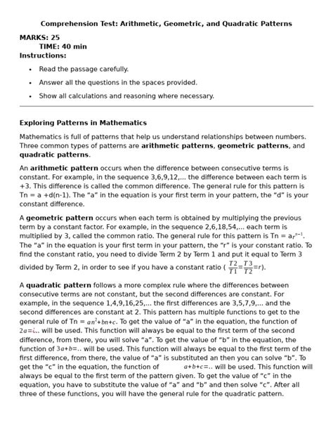 4 Comprehension Test On Patterns Pdf Function Mathematics Quadratic Equation 4 Comprehension Test On Patterns Pdf Function Mathematics Quadratic Equation