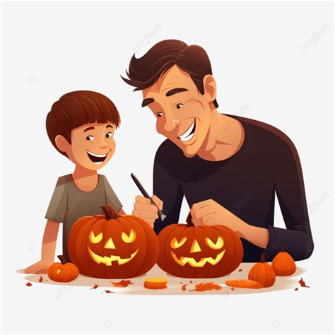 할로윈을 위해 호박을 조각하는 아버지와 아들의 벡터 그림 행복한 가족 가족이 함께 행복한 부모 Png 일러스트 및 이미지 에 대한 무료 다운로드 Pngtree