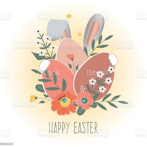 행복한 부활절 흰색 배경에 부활절 달걀과 토끼 귀가 있는 봄 꽃 공휴일에 대한 스톡 벡터 아트 및 기타 이미지 공휴일 꽃 식물 나뭇가지 Istock