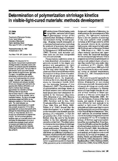 Pdf Measurement Of Polymerization Shrinkage Evolution During Curing
